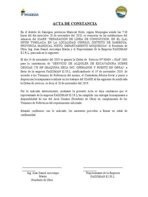 Acta De Constancia De Custodia De Excavadora 2019 Pdf