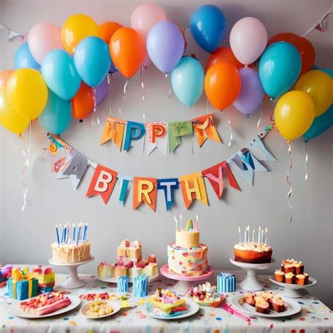 A Birthday Party With Balloons And Birthday Cake On A Table Premium