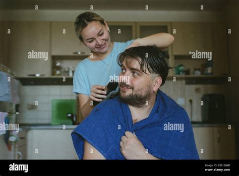 Haircut At Home Wife Gives Her Husband A Funny Haircut With A Trimmer