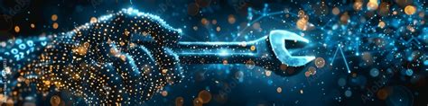 Blue Digital Hand Holding Wrench Spanner With Glowing Binary Code Ai