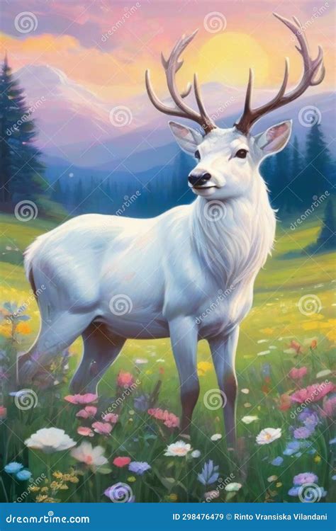 Cute White Deer With Flowers And Grass Background Stock Illustration