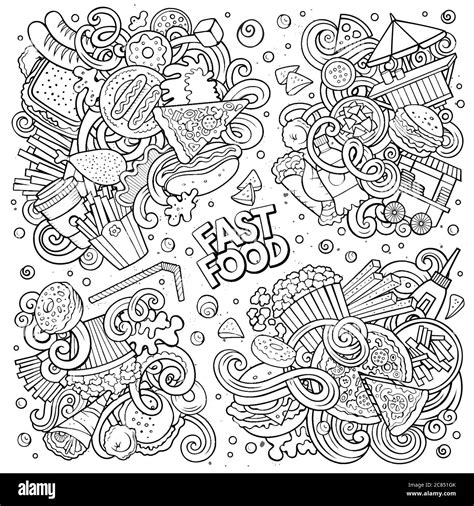 Line Art Vector Doodles Cartoon Set Of Fastfood Combinations Of Objects Stock Vector Image And Art