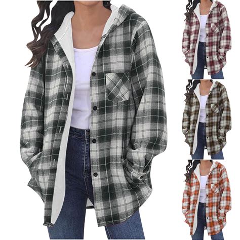 Brnmxoke Plaid Flannel Hoodie Shirts Women Plaid Jacket Shacket Long