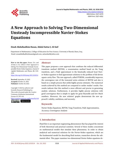 Pdf A New Approach To Solving Two Dimensional Unsteady Incompressible Navier Stokes Equations