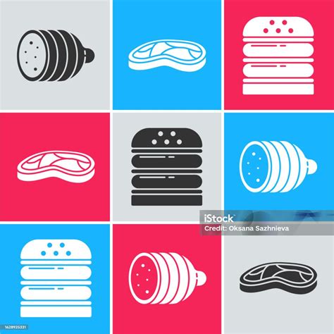 살라미 소시지 스테이크 고기 버거 아이콘을 설정합니다 벡터 고기에 대한 스톡 벡터 아트 및 기타 이미지 고기 구이 굽기 Istock