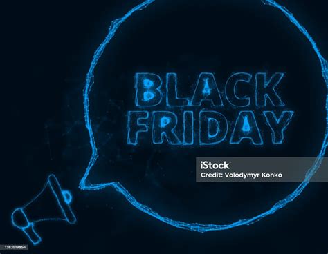 연설 거품과 텍스트 검은 금요일 메가 폰 배너 블루 빛나는 점과 라인의 플렉서스 스타일 추상 일러스트레이션 대화 풍선 문자 기호에 대한 스톡 벡터 아트 및 기타 이미지