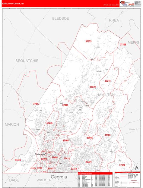Hamilton County Tn Zip Code Wall Map Red Line Style By Marketmaps