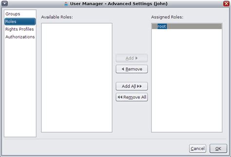 使用用户管理器 Gui 指定角色 在 Oracle® Solaris 112 中管理用户帐户和用户环境