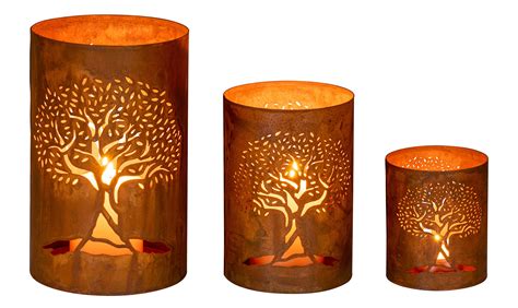 Windlichter Rost Er Set Teelichthalter Lebensbaum Gartendeko Rostdeko Edelrost