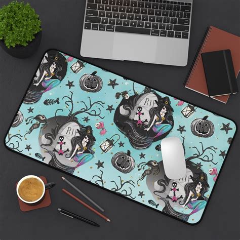 Gothic Mermaid Keyboard Gaming Mat Cute Halloween Desk Mat Blue Pumpkin Halloween Theme Gamer