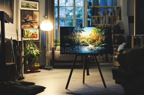 Vibrant Landscape Display In A Cozy Living Room During The Evening