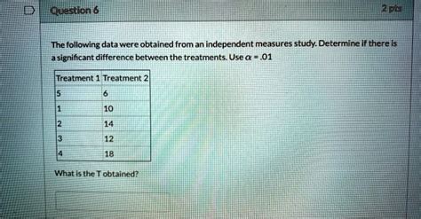 solved the following data were obtained from an independent measures