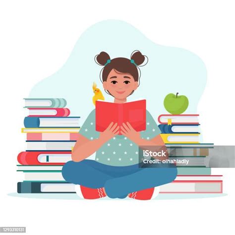 Sevimli Küçük Kız Elinde Kitap Tutan Ve Bir Kitap Okuyor Düz Tarzda