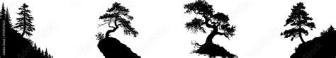 Silhouette Tree Line Drawing Set Side View Graphic Tree Elements Set Outline Symbol For