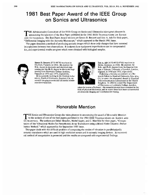 1981 Best Paper Award Of The Ieee Group On Sonics And Ultrasonics Ieee Journals And Magazine