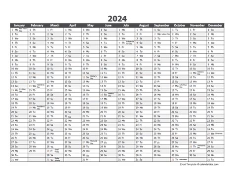 Free Download 2024 Excel Calendar Full Page Table Grid Us Holidays