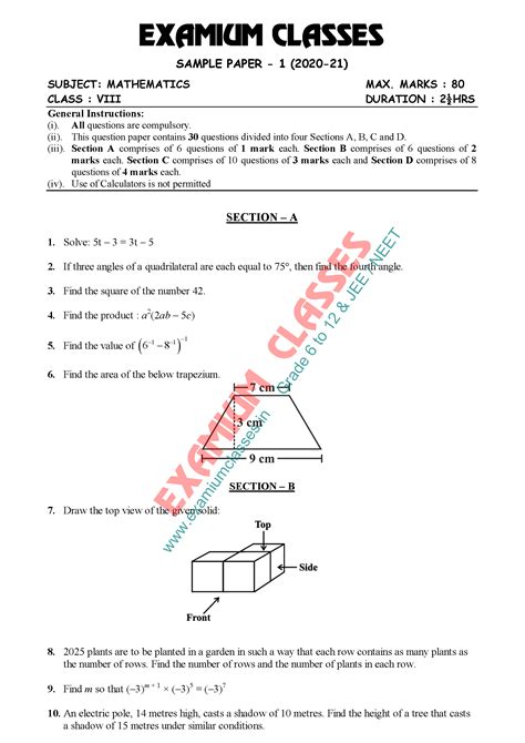 Class 8 Maths Test Paper 13 At Eve Collie Blog