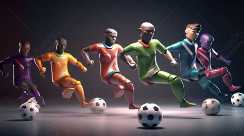 다양한 3d 렌더링 축구 선수 독특한 피부색 머리 스타일 및 국적을 사용한 득점 목표 필드 배경 다양한 3d 렌더링 축구 선수 독특한 피부색 머리 스타일 및