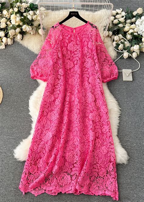 French Yellow O Neck Hollow Out Lace Dresses Summer