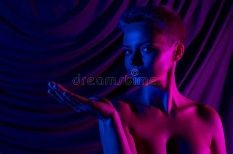 Photo Of Adorable Woman Naked Shoulders Showing Arm Empty Space
