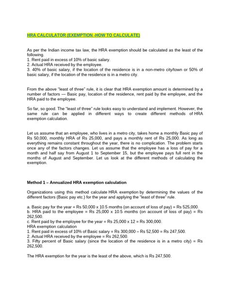 Hra Calculation Pdf Salary Taxes