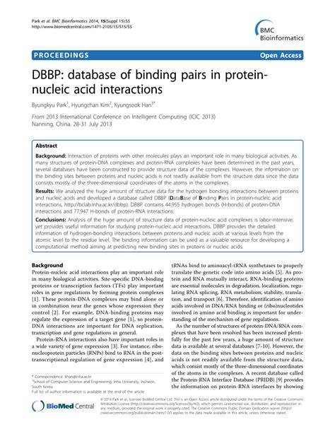 PDF DBBP Database Of Binding Pairs In Proteinnucleic Acid Interactions