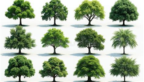 Collection Of Twelve Diverse Green Trees Isolated On White Background