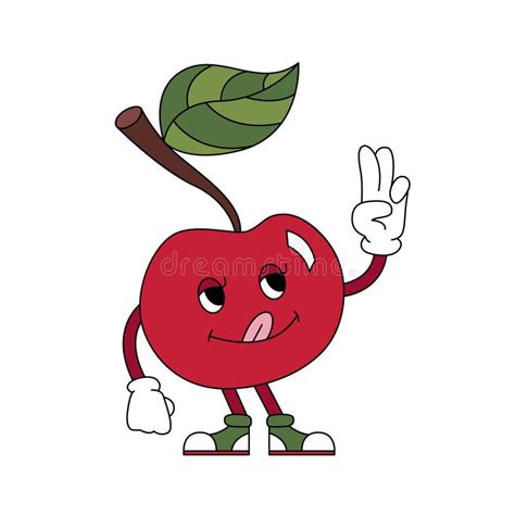 Groovy Psychedelic Red Apple Character With Green Leaf Tongue Sticking Out Stock Vector