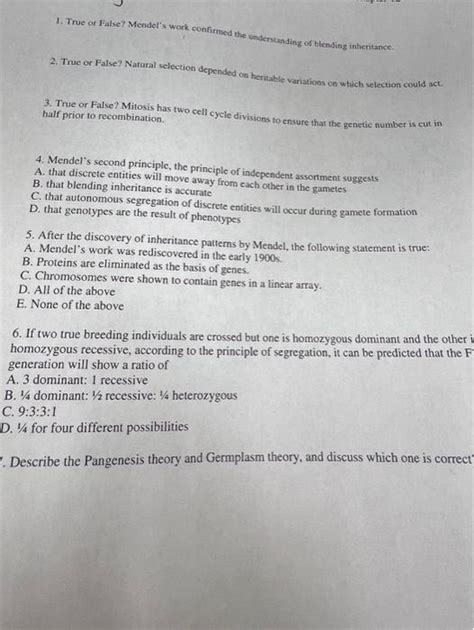 Solved 1 True Or False Mendels Work Confirmed The