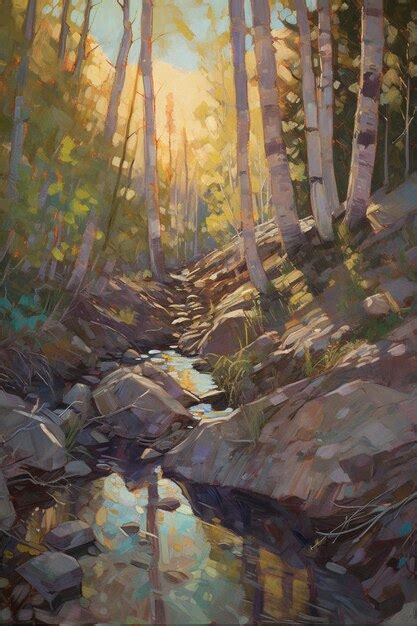 Premium AI Image A Painting Of A Stream In The Woods With The Sun