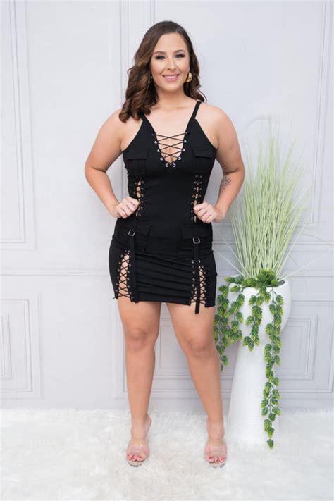 Black Deep V Neckline Lace Up Bodycon Dress Melz Fashion