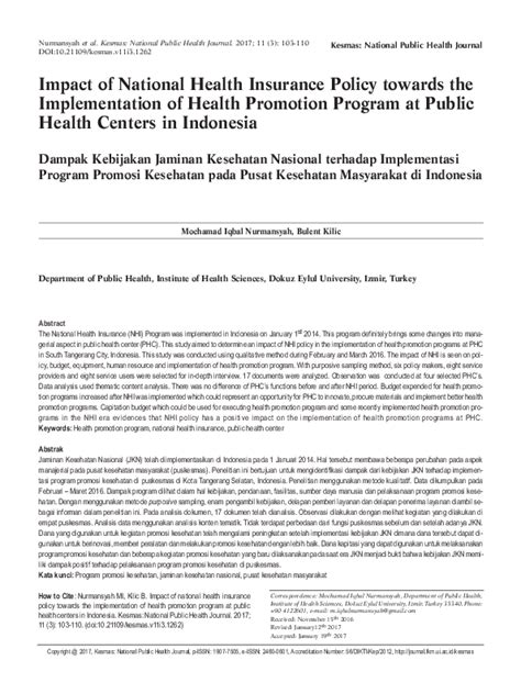 Pdf The Impact Of National Health Insurance Policy To The Implementation Of Health Promotion