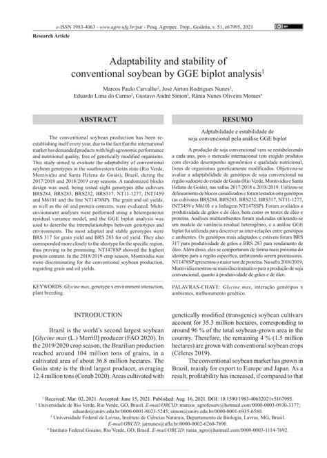 Pdf Adaptability And Stability Of Conventional Soybean By Gge Biplot