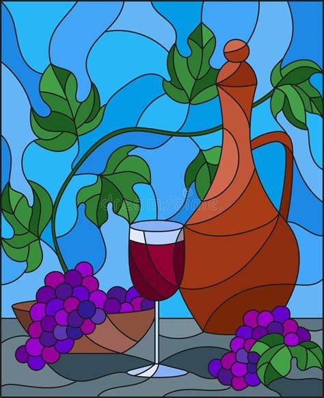 Stained Glass Illustration With A Still Life A Jug Of Wine Glass And
