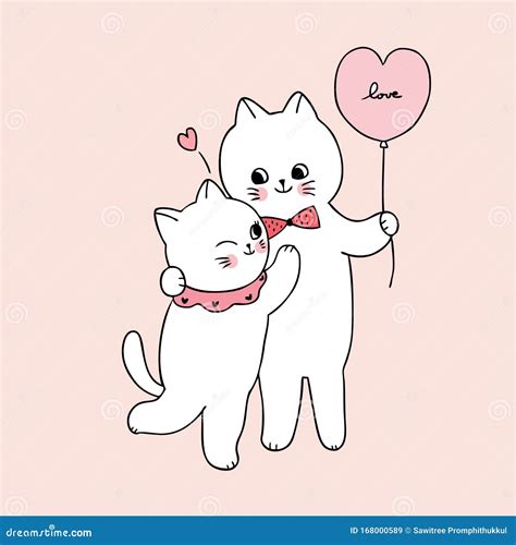 Cartoon Cute Valentines Day White Cats Lover Hugging Vector Stock