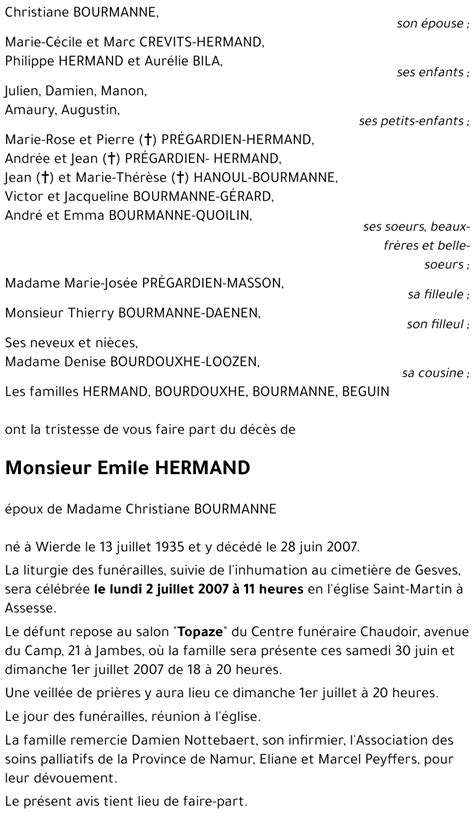 Avis De Décès De Emile Hermand Décédé Le 28 06 2007 à Wierde Annonce