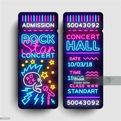 현대 동향 스타일에서 락 콘서트 티켓 디자인 템플릿 록 스타 콘서트 티켓 벡터 일러스트 레이 션 네온 스타일 라이트 배너 밝은