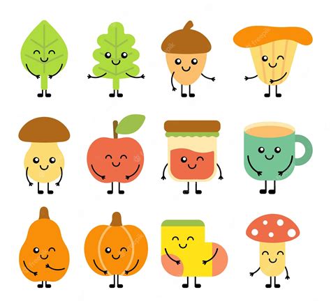 감정 손 발이 있는 카와이 스타일 만화 가을 캐릭터의 컬렉션입니다 수확 이동 프리미엄 벡터