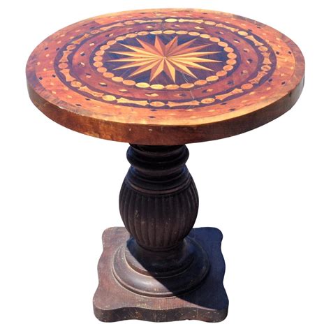 Antique Parquetry Inlaid Compass Design Top Table W Fluted Pedestal