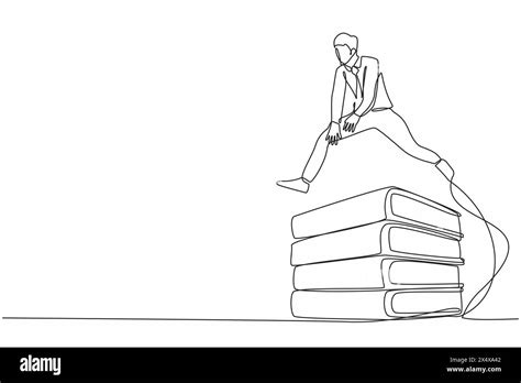 Continuous One Line Drawing Businessman Jumping Over Pile Of Big