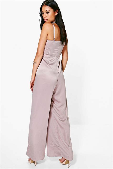 Boohoo Womens Lucy Wrap Front Strappy Satin Jumpsuit Ebay