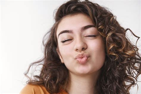 Headshot Cute Flirty Passionate Young Caucasian Girl Black Curly Hair