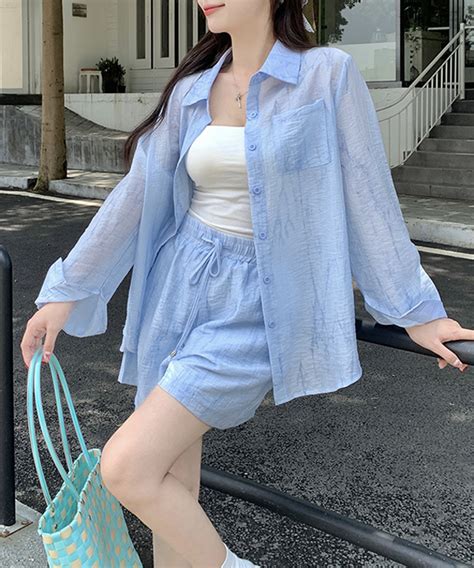 포앤바이앤 ~4xl 빅사이즈 바지 상하세트 카라넥 싱글버튼 루즈핏 오버핏 롱시스루 얇은 무지 긴팔 셔츠 And 하이웨스트 허리밴딩 A라인 숏 팬츠 이지 셋업 투피스