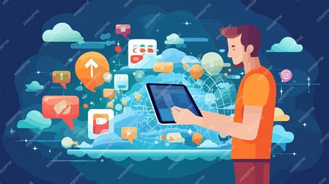 A Man Is Standing In Front Of A Computer With A Man On The Screen And The Word Stickers On It