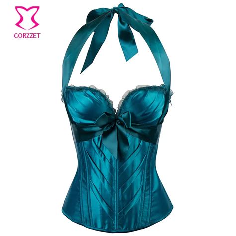 6xl Plus Size Corset Sexy Push Up Bustier Halter Tops Ocean Blue Satin