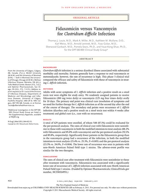 Pdf Fidaxomicin Versus Vancomycin For Clostridium Difficile Infection