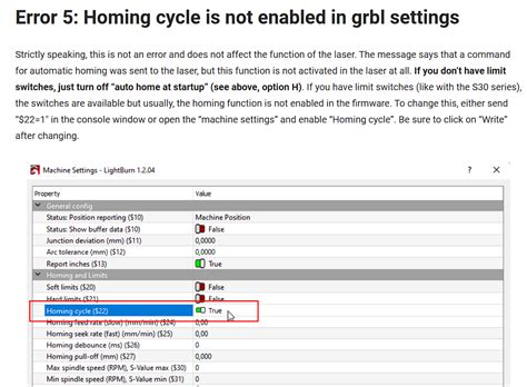 Error 5 Homing Cycle Is Not In Abled In Your GRBL Settings Settings LightBurn Software
