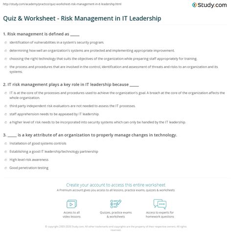 Quiz Worksheet Risk Management In IT Leadership Study Worksheets Library