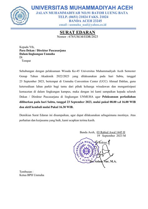 Edaran Rektor Tentang Libur Kuliah Pada Pelaksanaan Wisuda
