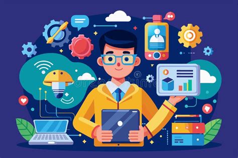 A Character Showcases Digital Transformation Elements With Gadgets